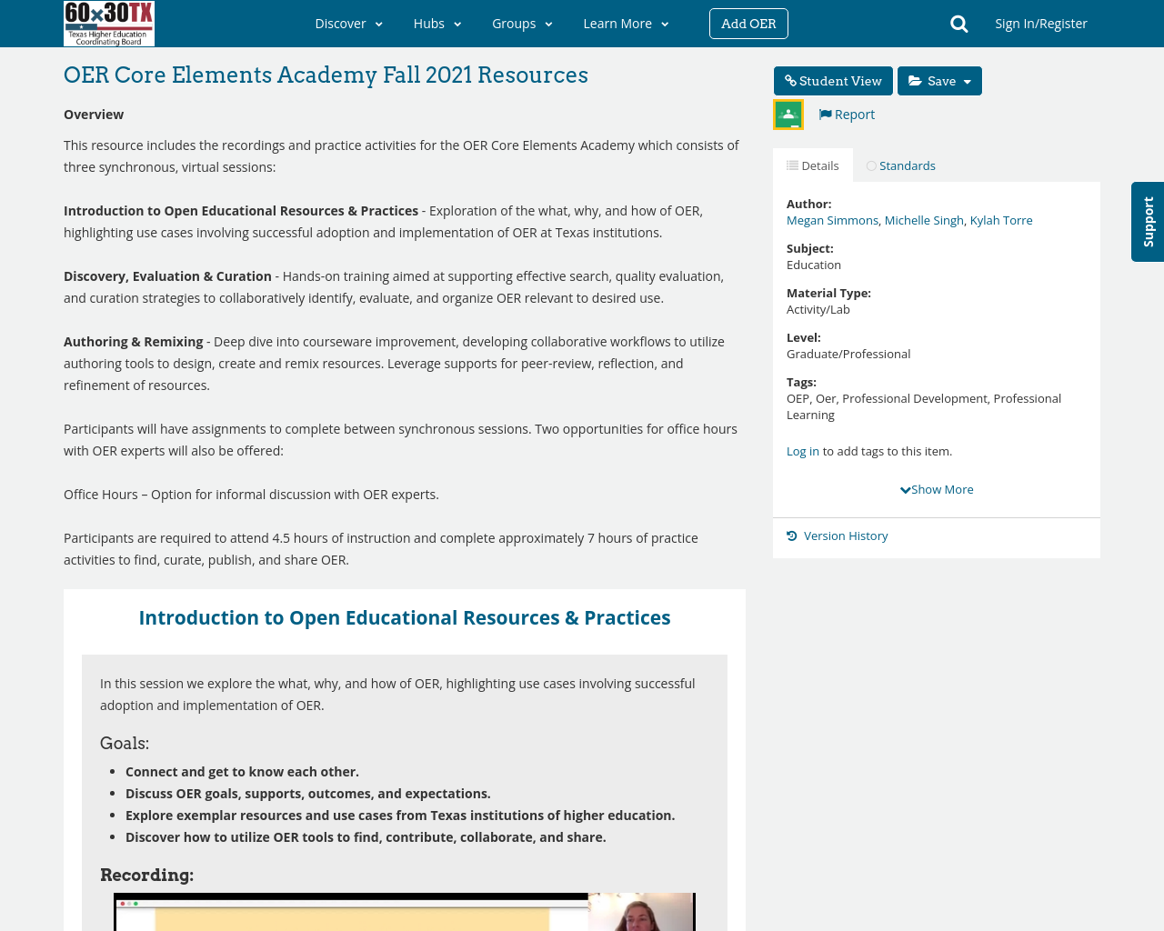OER Core Elements Academy Fall 2021 Resources | OERTX