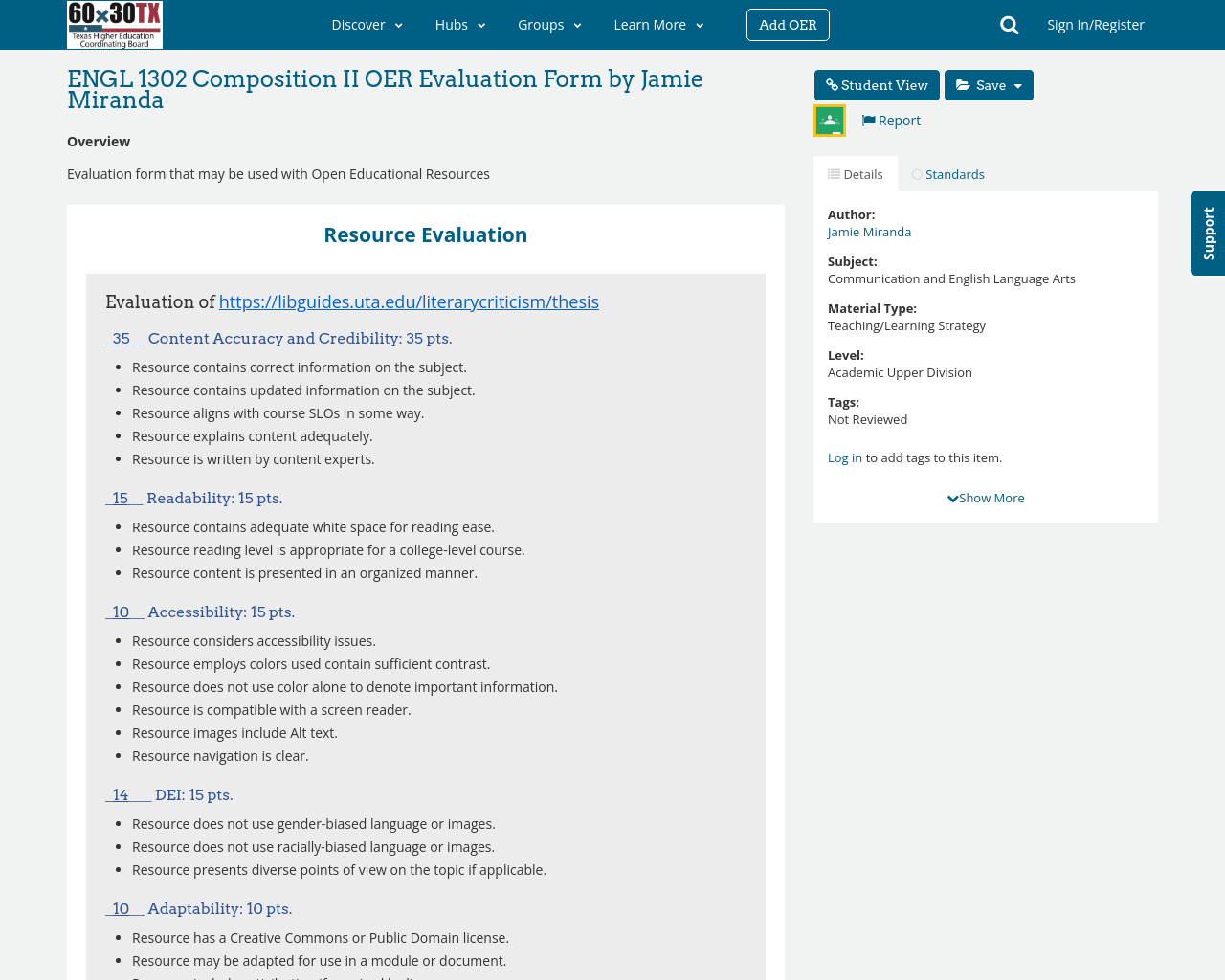 ENGL 1302 Composition II OER Evaluation Form by Jamie Miranda | OERTX
